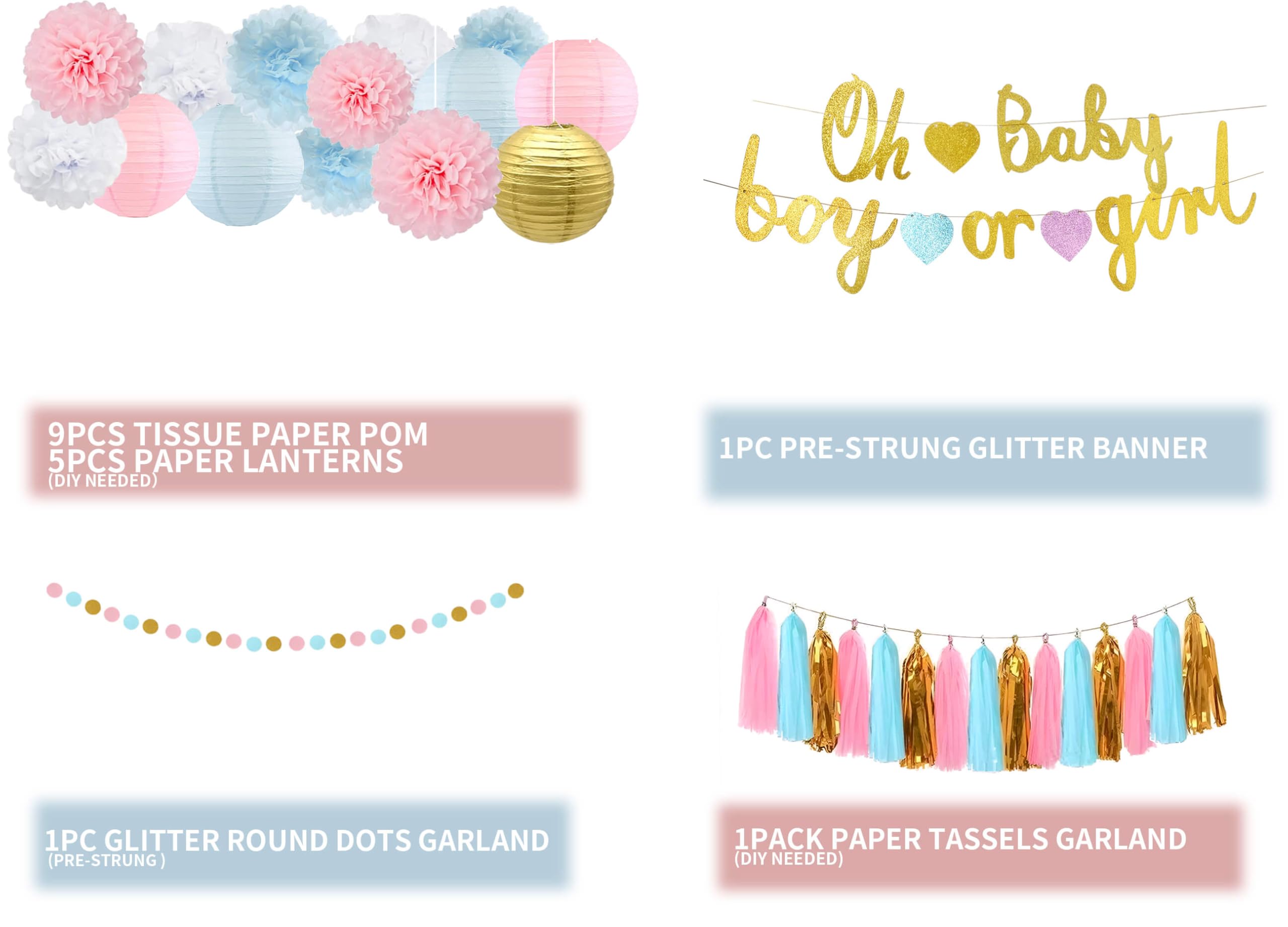 Kiwayo Baby Gender Reveal Party Decorations Supplies Kit Blue & Pink- Boy or Girl Banner, Tissue Paper Poms, Paper Lanterns, Circle Dot Garland, Tassels Garland- Gender Reveal Ideas Boy Or Girl