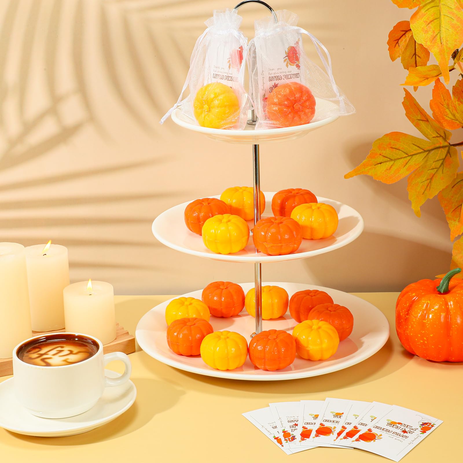 Liliful 50 Sets Mini Pumpkin Baby Shower Favors Included Pumpkin Soap Thanks Cards Drawstring Gift Bags for Fall Bridal Shower Wedding Autumn Thanksgiving Day Party Decorations Gifts(Orange)