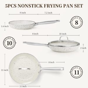 Frying Pan Set with Lids-Beige Nonstick Frying Pan Sets,8 inch,10 inch and 11 inch Skillet Set Egg Omelette Pans,Pan Set for Cooking,Healthy and Non Toxic Kitchen Cooking Set with Stay Cool Handle