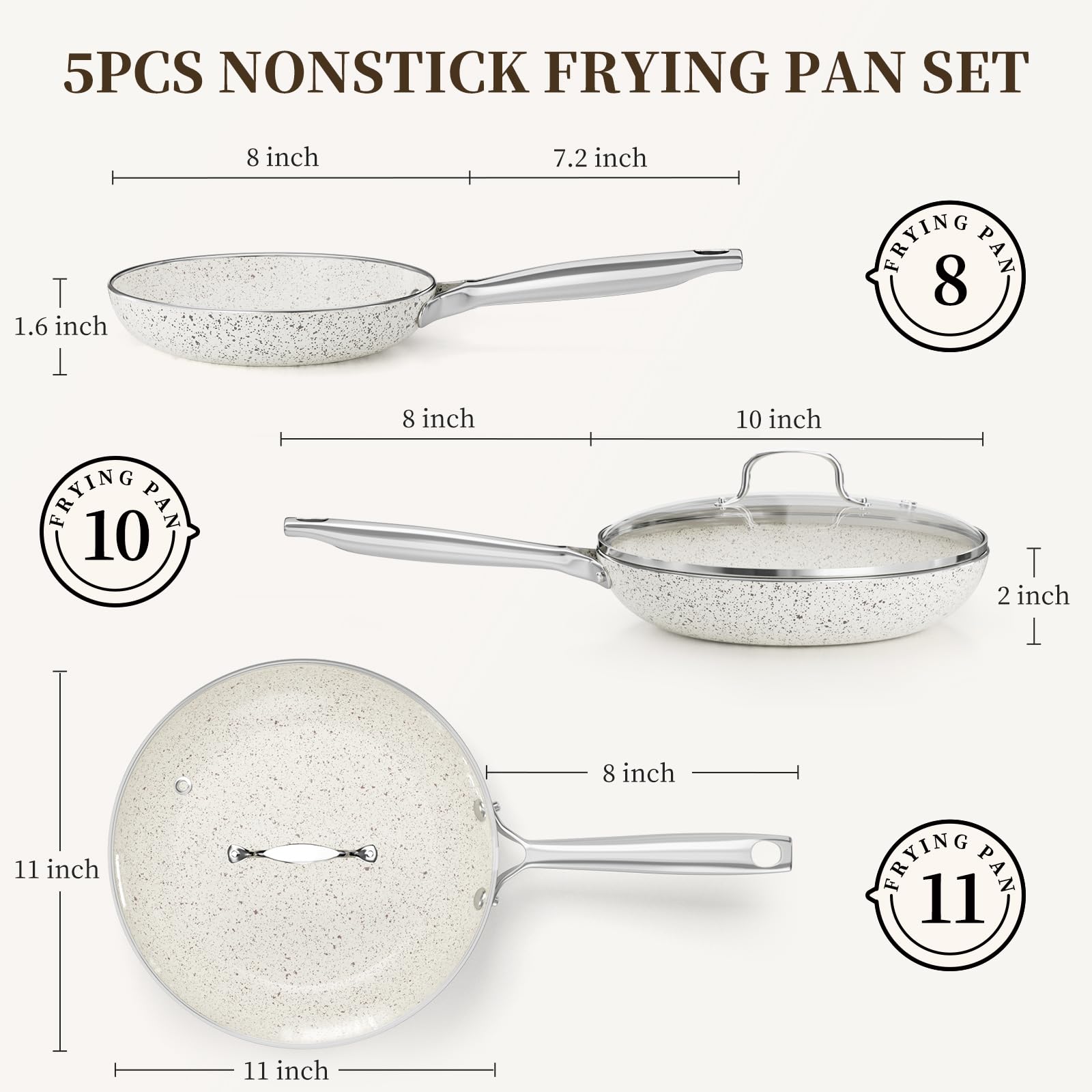 Frying Pan Set with Lids-Beige Nonstick Frying Pan Sets,8 inch,10 inch and 11 inch Skillet Set Egg Omelette Pans,Pan Set for Cooking,Healthy and Non Toxic Kitchen Cooking Set with Stay Cool Handle