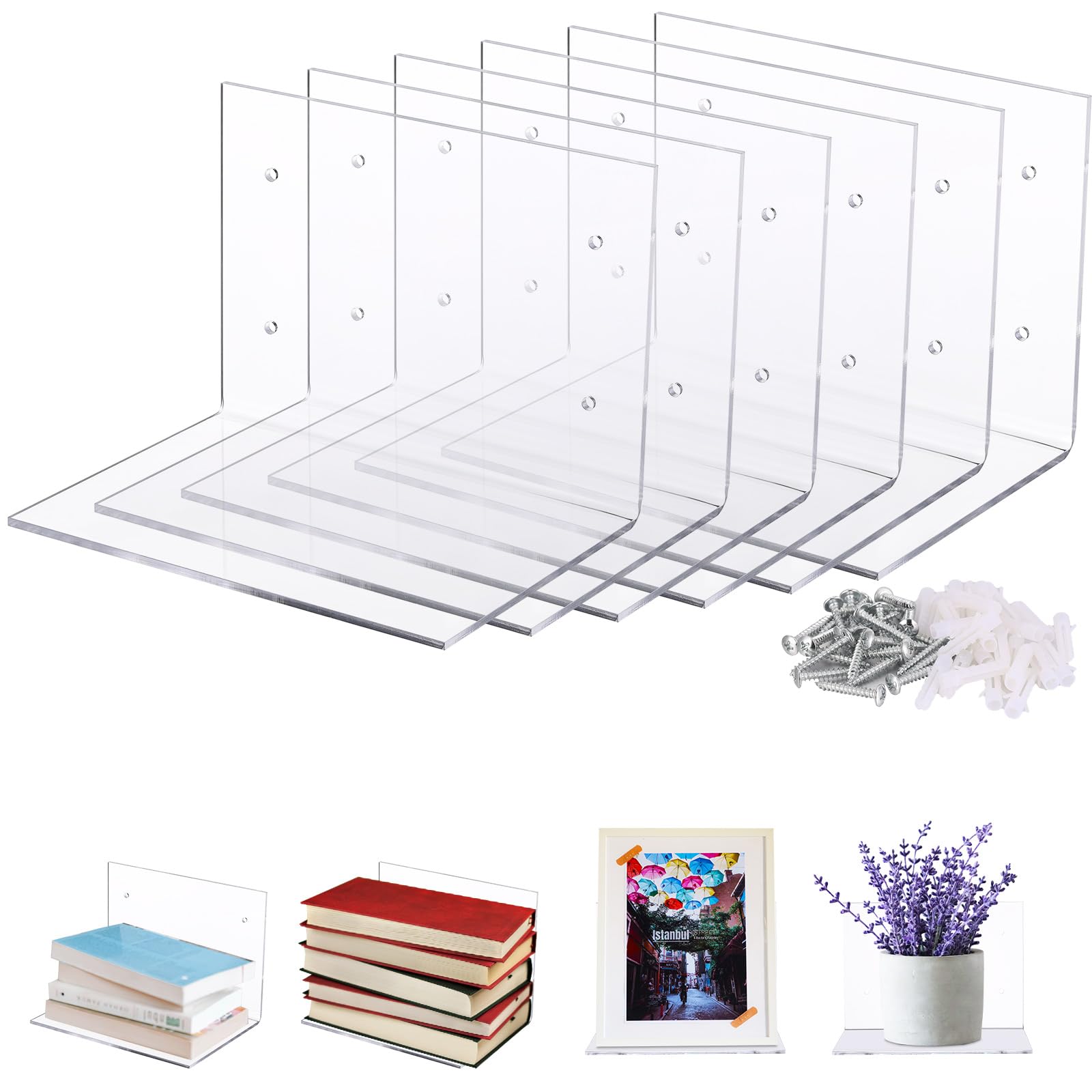 Tenceur 6 Pcs Invisible Floating Bookshelf for Wall, Heavy Duty Wall Mounted Book Organizer Acrylic Floating Shelves Holder for Books Storage Bedroom Living Room Home Office (Clear)