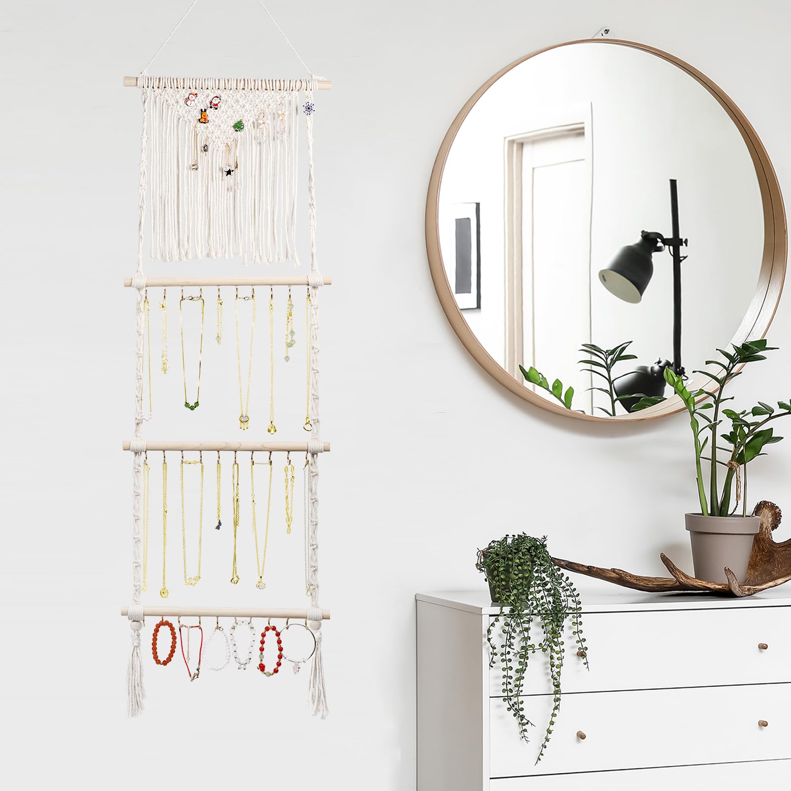 Teniinet Hanging Jewelry Organizer, Boho Macrame Necklace Hanger Wall Mounted with 30 Hooks,Door Hanging Jewelry Holder with Tassel for Necklaces Display Organizer(Necklace Holder)