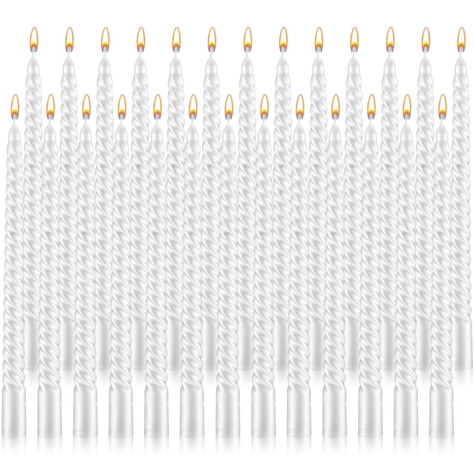 MTLEE 30 Pieces 10 Inch Metallic Taper Candles Spiral Candle Dripless Long Candle Sticks 8 Hrs Clean Burning Unscented Tapered Candles Glossy Metal Like Candlesticks for Wedding Dinn(Pearl White)