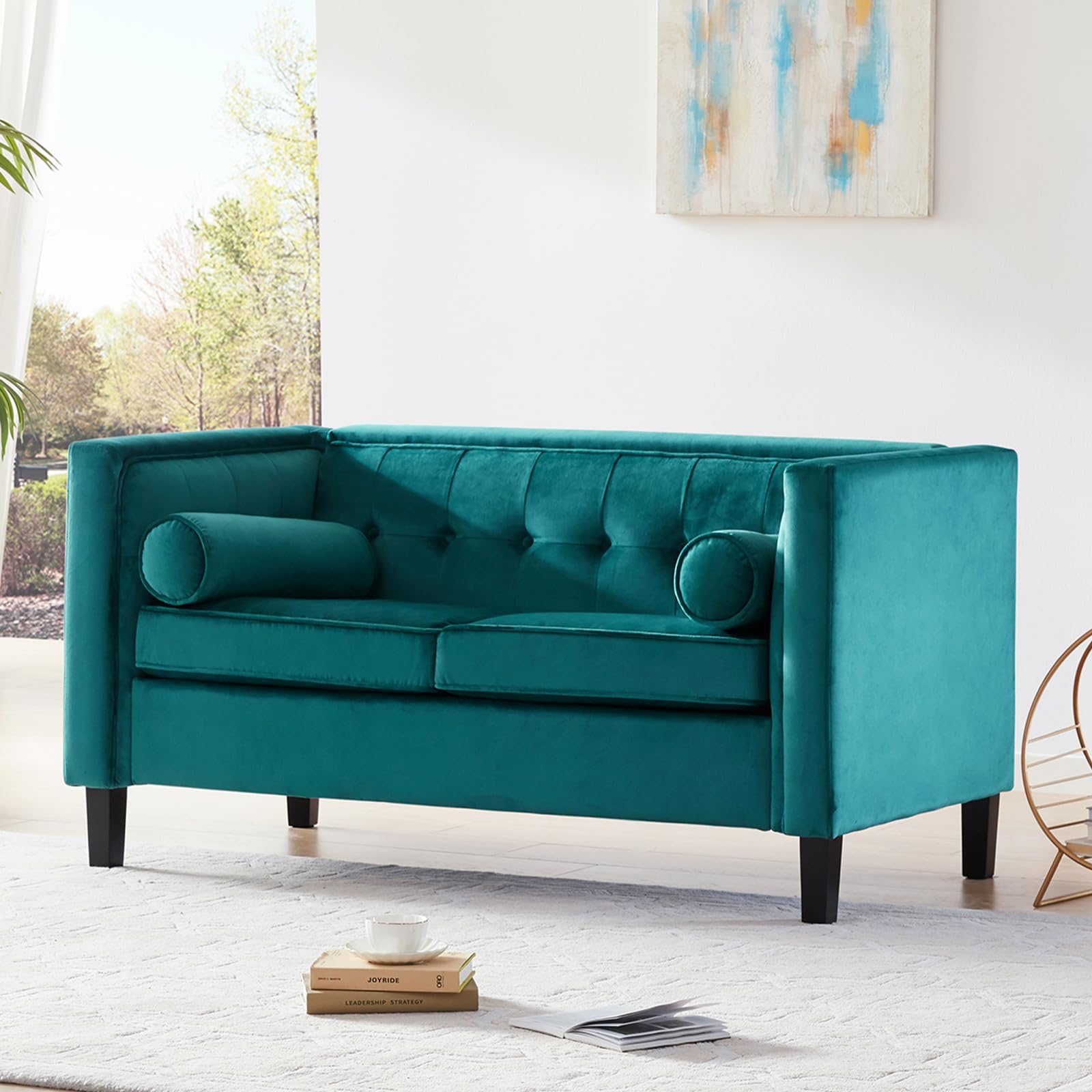 WILLOVE 58" Mid-Century Modern Velvet Sofa, 2 Seater Couch with Comfy Deep Seats, Small Loveseat Couch for Living Room Furniture with Two Throw Pillows, Easy to Install (Teal)