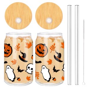 whaline 2 pack halloween glasses cups cute pumpkin ghost bat drinking glasses 16oz halloween ice coffee cup with bamboo lid and straw beer glass can for cocktail whiskey beer soda decor gifts