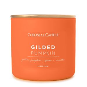 colonial candle gilded pumpkin scented jar candle, pop of color collection, 3 wick, orange, 14.5 oz - up to 60 hours burn