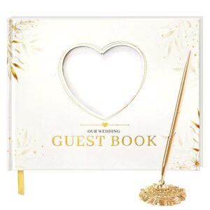 wedding guest book and elegant guest book wedding reception with hardcover 8"x10", guest book for wedding with golden pen with its gold metal base, 100 blank pages for wedding guest book sign include