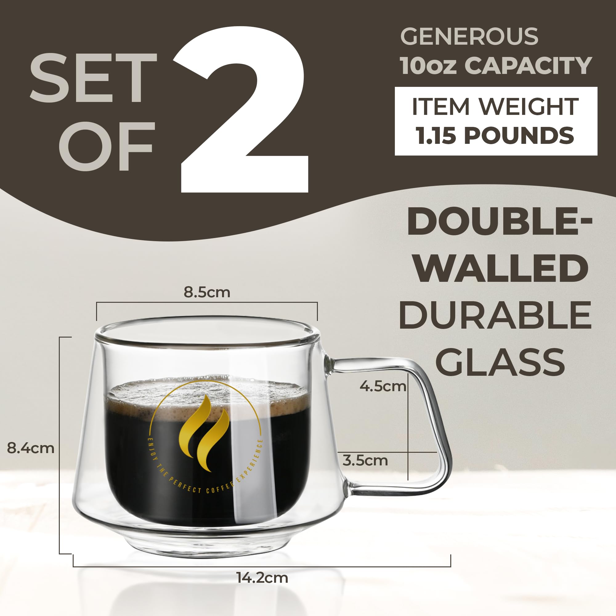 GLORAMA Double Walled Glass Coffee Mugs - 10oz Coffee Mugs for Tea, Espresso, & Cappuccino - Freezer & Microwave Safe Coffee Mugs Set of 2