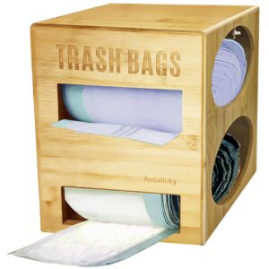 antallcky bamboo trash bag dispenser roll holder 13 gallon 2 rooms,garbage bag storage dispenser organizer wall mount or under sink for 2 rolls of plastic bags(up to about 160 bags)