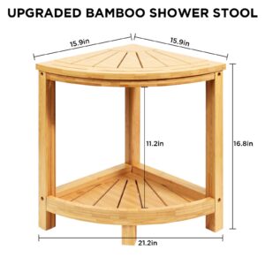 Ollieroo 2-Tier Bamboo Corner Shower Stool for Shaving Legs, Waterproof Shower Bench with Storage Shelf and Soap Dish, Shower Chair for Inside Shower, Non-Slip Shower Foot Rest(Natual)