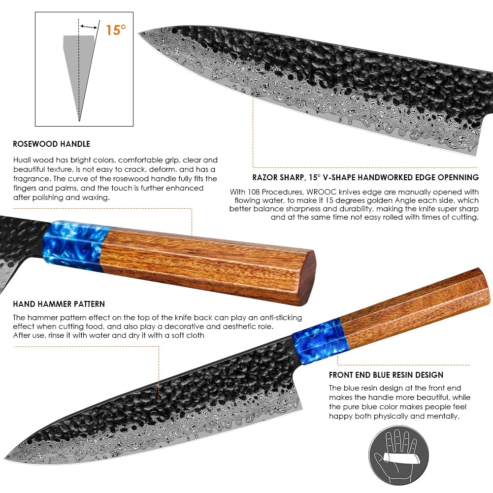 Chef Knife 8 Inch Damascus Kitchen Knife, Japanese VG10 Damascus Steel Meat Cooking Knife, Gyuto Chefs Knife G10 Ergonomic Color Wooden Handle with Luxury Gift Box