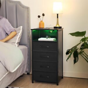 LOAKEKEL Night Stand, Tall Nightstand Set of 2 with Charging Station, Black Dresser for Bedroom with 4 Drawers, LED End Tables with USB Ports and Outlets, Bedside Table with Storage Bins, HNS034BK