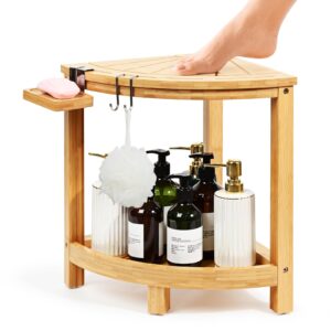 ollieroo 2-tier bamboo corner shower stool for shaving legs, waterproof shower bench with storage shelf and soap dish, shower chair for inside shower, non-slip shower foot rest(natual)