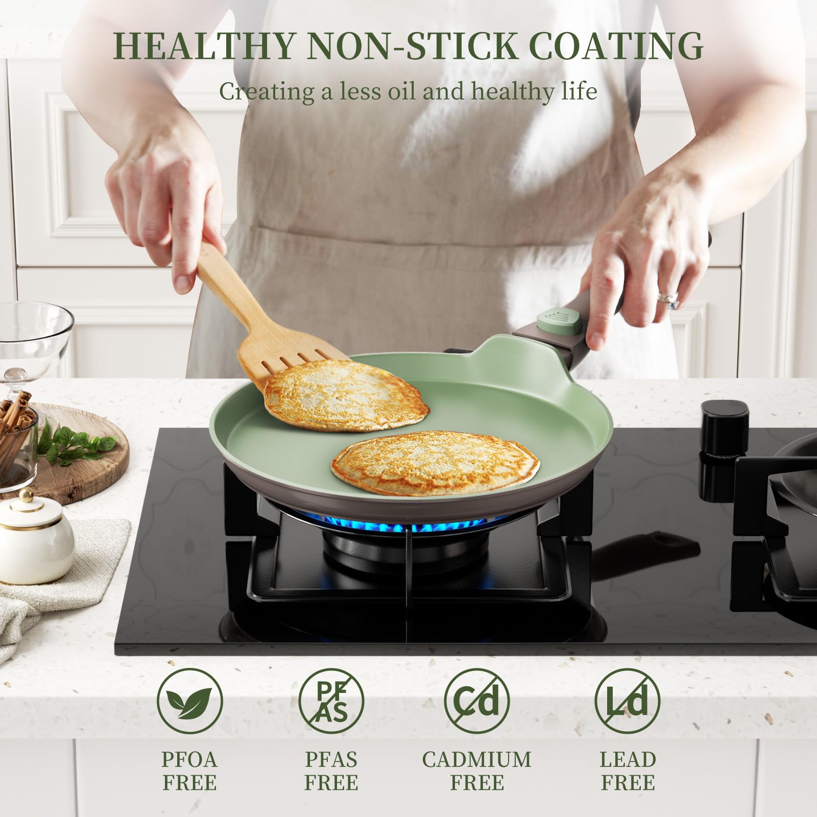 Innerwell Nonstick Crepe Pan with Spreader 10&11Inch Crepe Pan Set W/Detachable Handle Flat Skillet Tawa Dosa Tortilla Pan PFOA-Free Compatible with All Stovetops Green