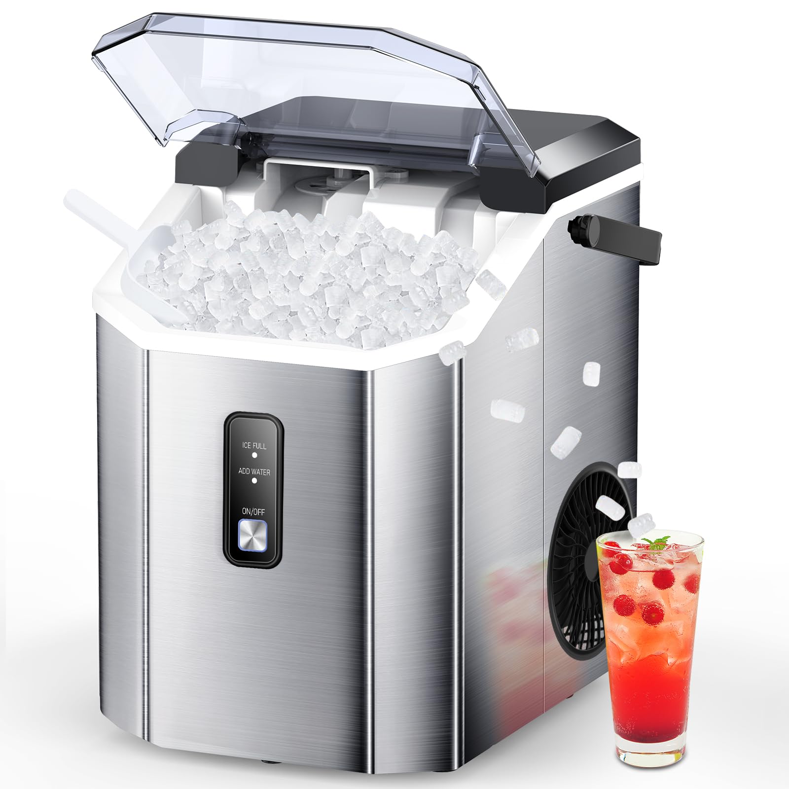 Joy Pebble Nugget Stainless Steel Ice Maker, 10,000pcs/33lbs/Day, Portable Handheld Nugget Ice Maker Machine with Handle, Ice Makers Countertop Self-Cleaning, Ice Scoop and Basket, Silver