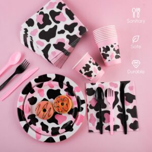 durony 210 Pieces Pink Cow Print Tableware Set Pink Cow Print Party Decorations Paper Plates Cups Napkins Knife Spoons Forks for Cowgirl, Baby Shower, Farm Birthday Party Supplies, Serve 30 Guests