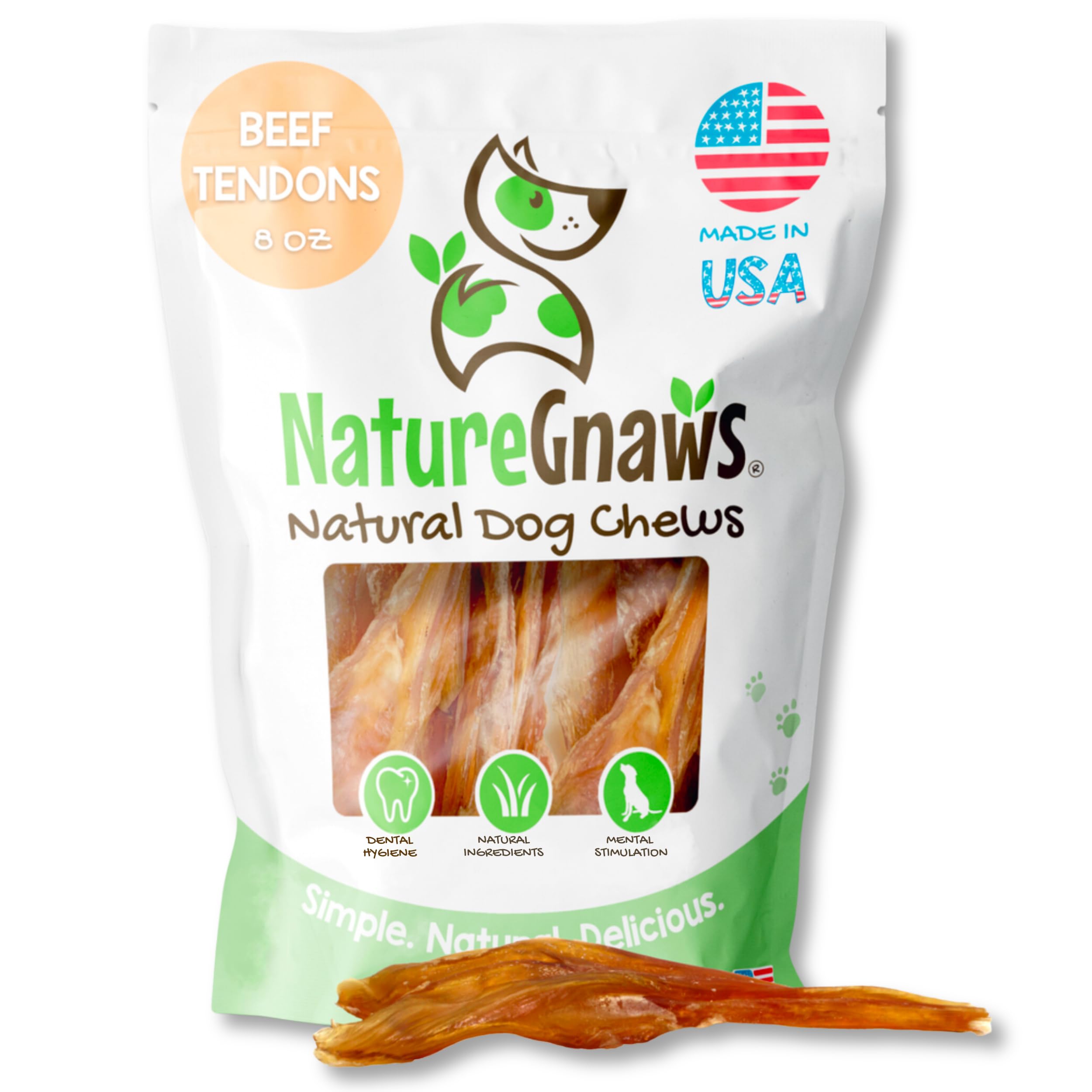 Nature Gnaws USA Beef Tendons for Dogs (8oz) - Mixed Thickness - Long Lasting for Aggressive Chewers - Premium Natural Beef Dog Chew Treats - Rawhide Free