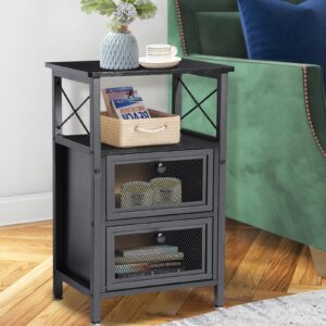 caredear black wood and metal nightstand with mesh doors - 16" l x 12" w x 24" h small industrial end table with storage, narrow wood side table with 2 drawers, black sofa side table for small space