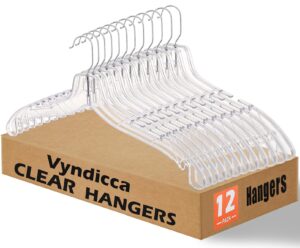 vyndicca 12 pack clear plastic hangers,shirt hanger clear hangers with 360 swivel metal hook,heavy duty dress hangers coat hangers for clothes shirts dresses,16.7 inch