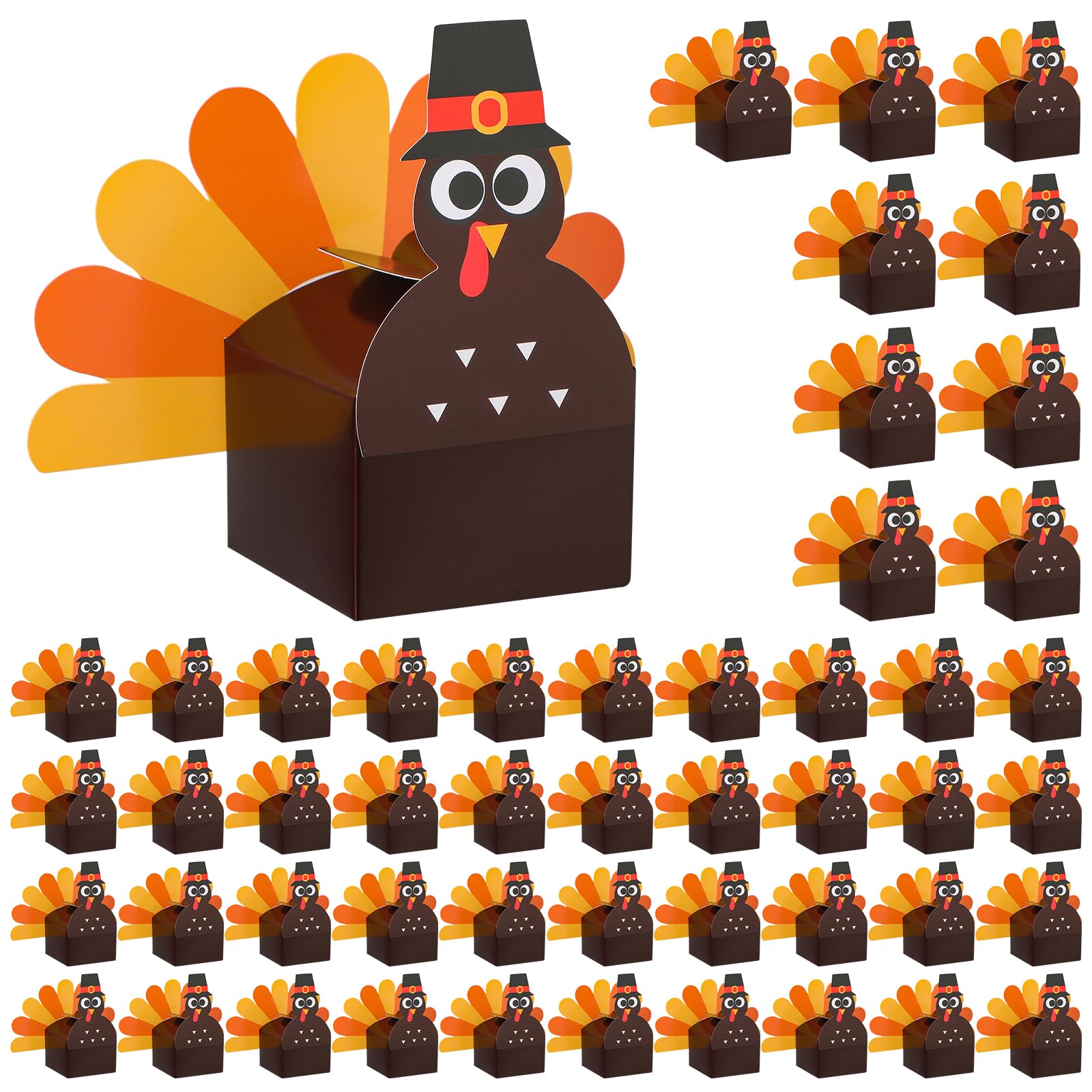 Cholemy 50 Pcs 3D Thanksgiving Gift Boxes DIY Thanksgiving Treat Boxes Thankful Turkey Goodies Box Candy Box Cupcake Box Thanksgiving Party Favor for Table Centerpiece Decoration, 2.36x2.36x1.97''