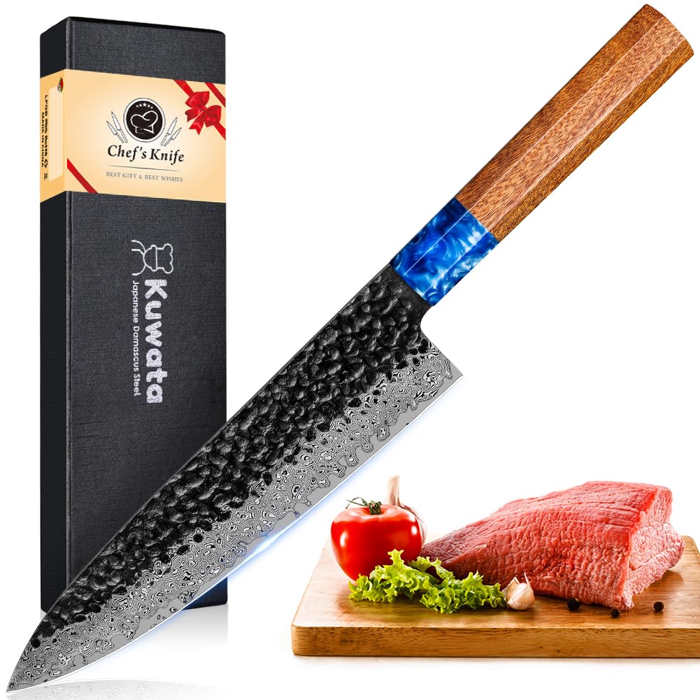 Chef Knife 8 Inch Damascus Kitchen Knife, Japanese VG10 Damascus Steel Meat Cooking Knife, Gyuto Chefs Knife G10 Ergonomic Color Wooden Handle with Luxury Gift Box