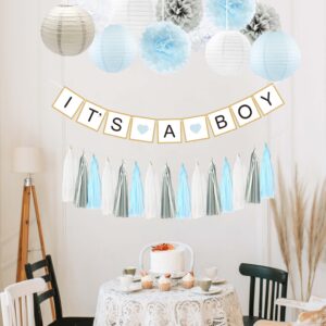 Baby Shower Decorations Boy (Blue, White, Grey)- It's A Boy Banner, Tissue Paper Poms, Paper Lanterns and Tassels Garland- Baby Boy Gender Reveal Birthday Party Decorations