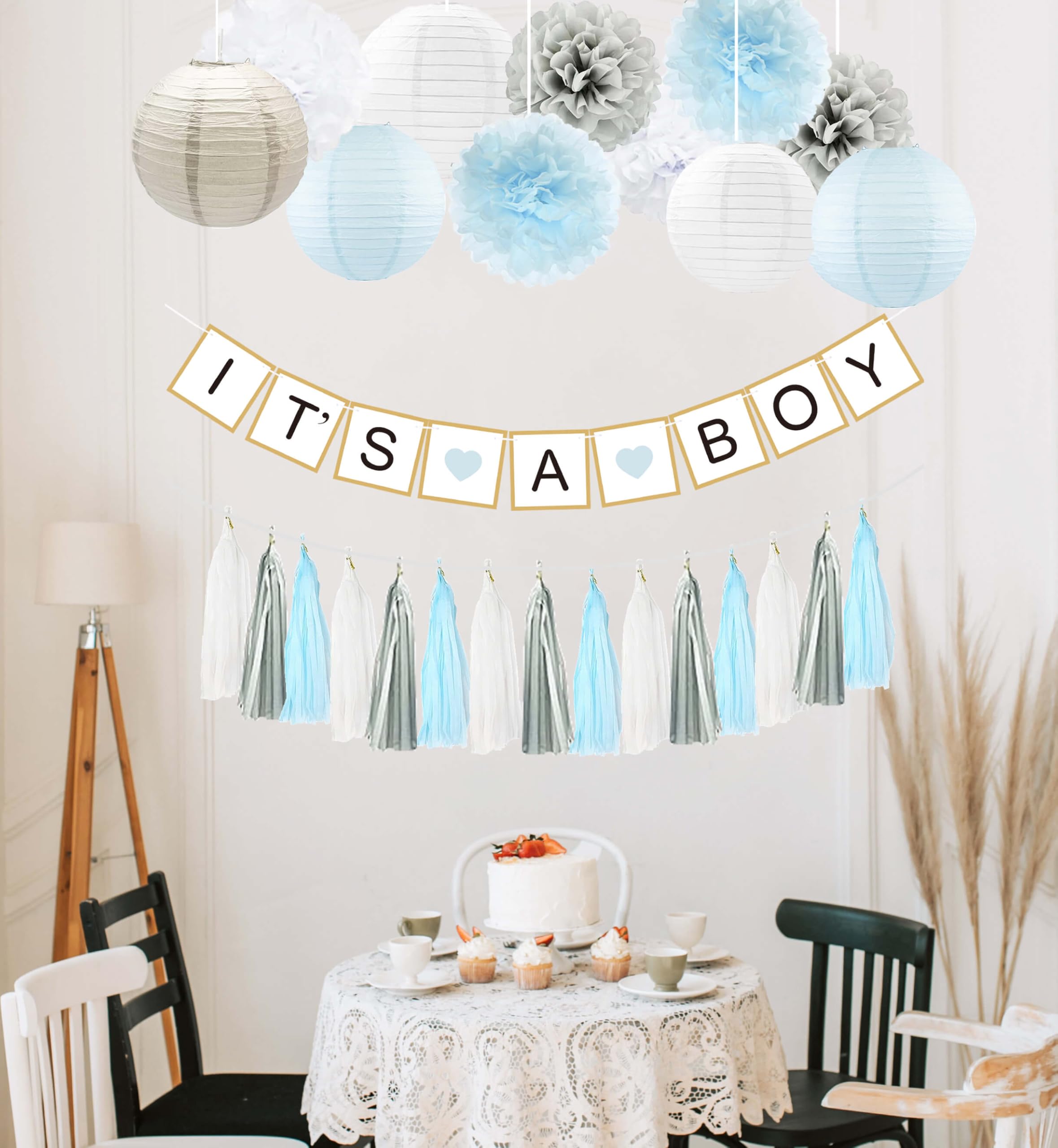 Baby Shower Decorations Boy (Blue, White, Grey)- It's A Boy Banner, Tissue Paper Poms, Paper Lanterns and Tassels Garland- Baby Boy Gender Reveal Birthday Party Decorations