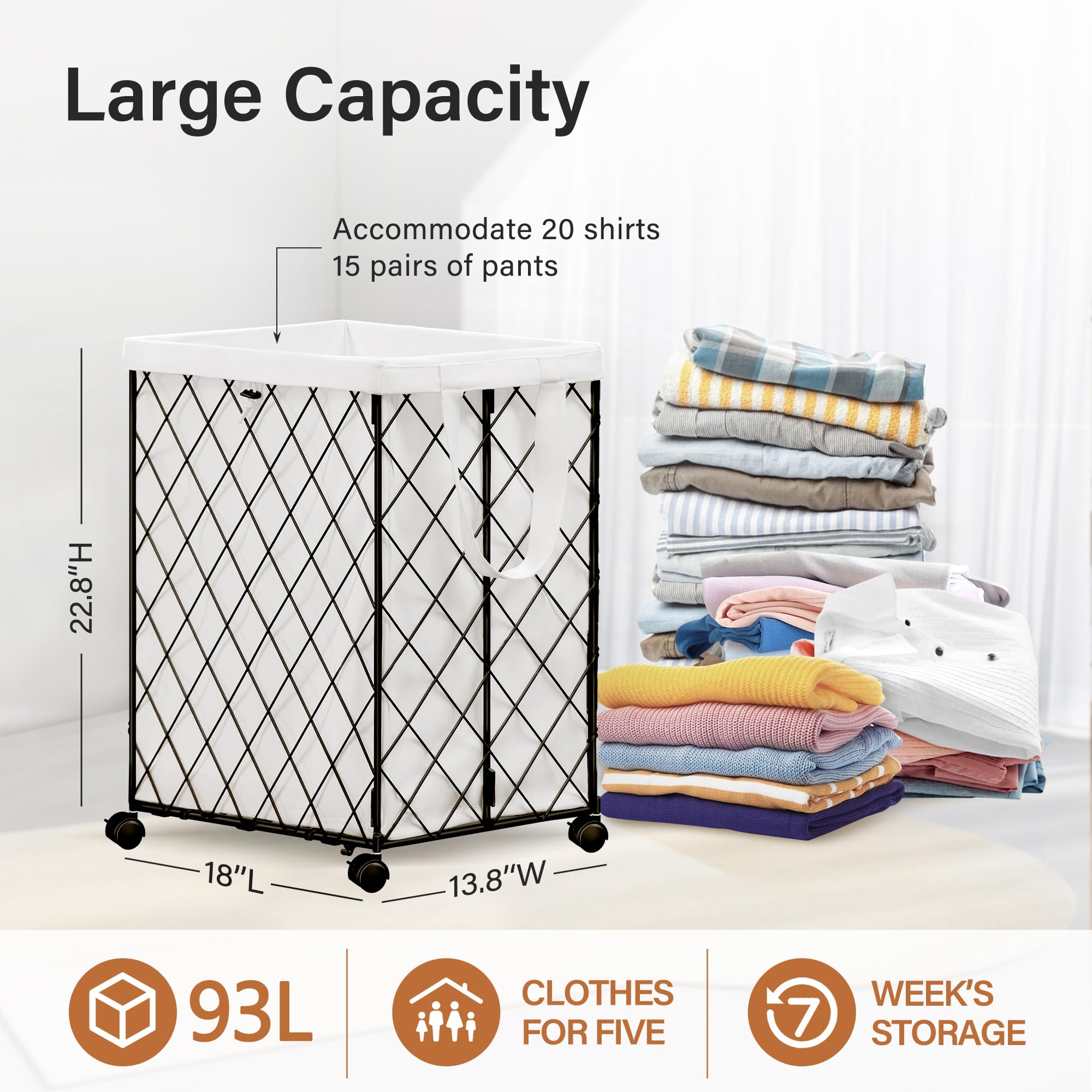 2 Wire Laundry Hamper on Wheels With Removable Liners,Rolling Large Collapsible Metal Laundry Basket,Sturdy Laundry Bag Heavy Duty Hamper,for Dirty Clothes Organization Closet Bathroom Living Room