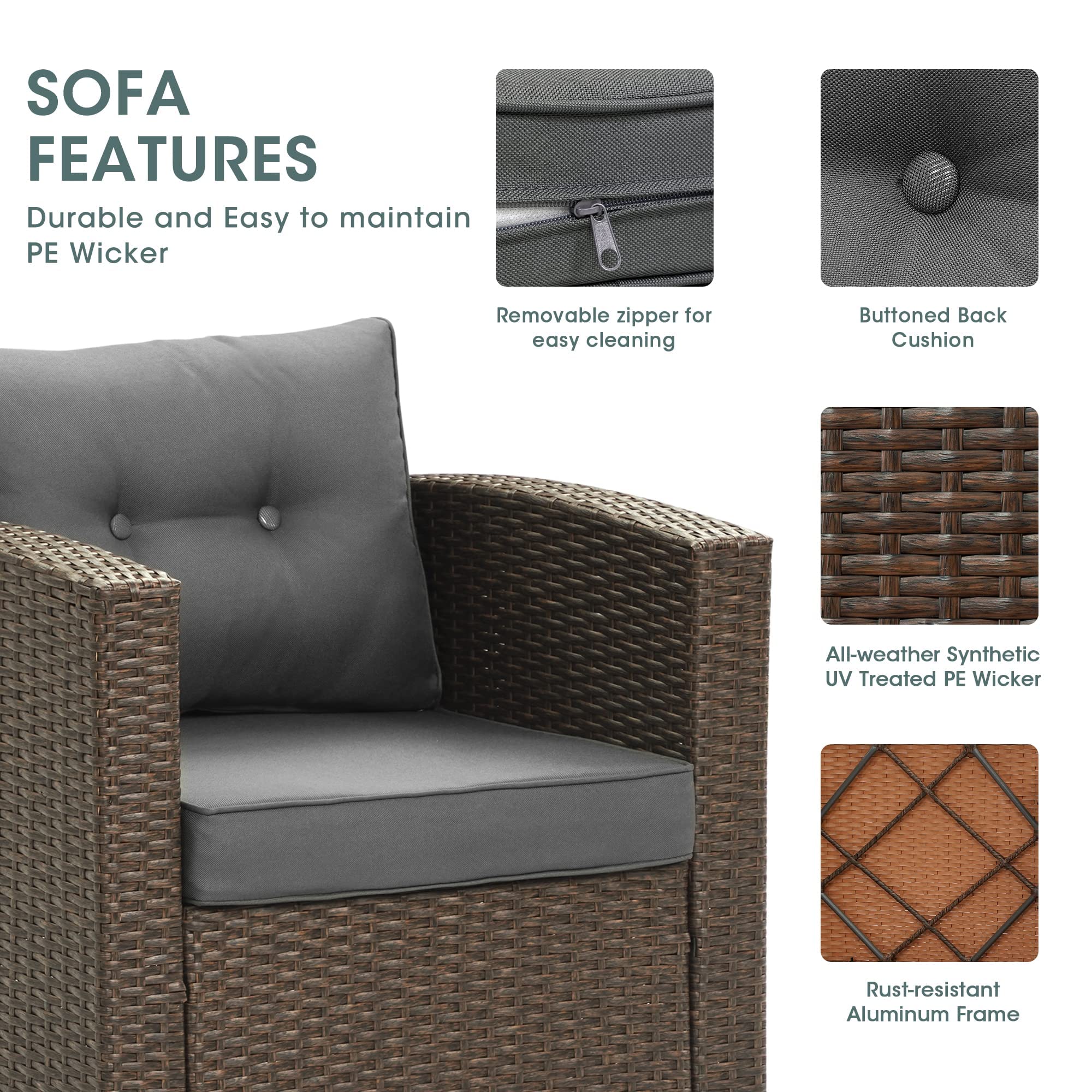 MAXXPRIME 3-Piece Patio Furniture, Wicker Sectional with Ergonomic Design, Lightweight Aluminum Frame, All-Weather Wicker Rattan, Non-Slip Cushions, Brown Wicker and Dark Grey Cushion