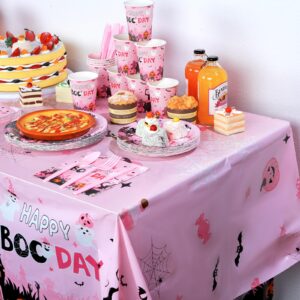 Halloween Happy Boo Day Baby Shower Party Decorations,Pink Ghost Pumpkin Disposable Tableware Paper Plates Napkins Cups Tablecloth Banner for Girl Halloween Birthday Baby Shower Party Supplies,Serve25