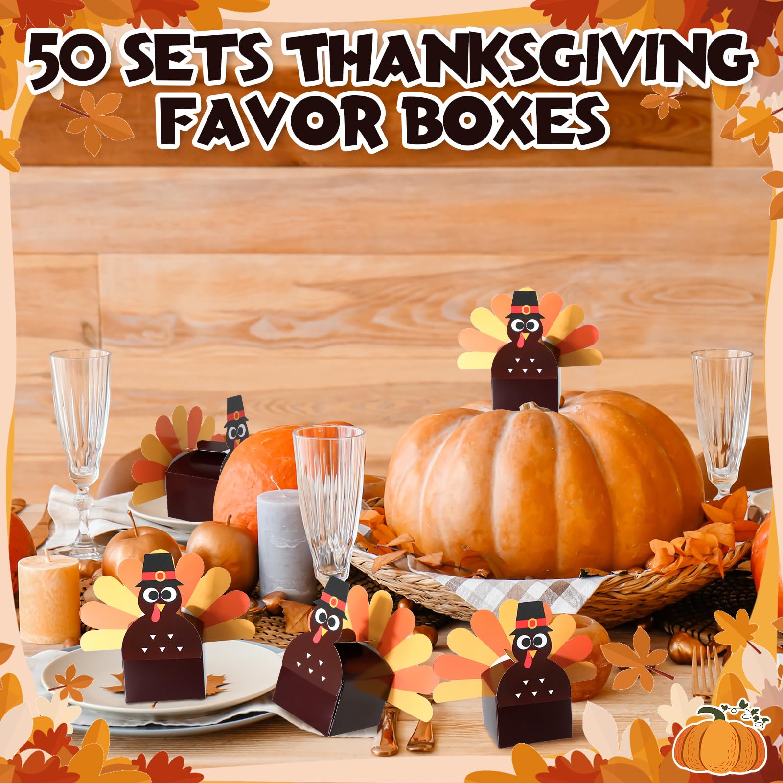 Cholemy 50 Pcs 3D Thanksgiving Gift Boxes DIY Thanksgiving Treat Boxes Thankful Turkey Goodies Box Candy Box Cupcake Box Thanksgiving Party Favor for Table Centerpiece Decoration, 2.36x2.36x1.97''