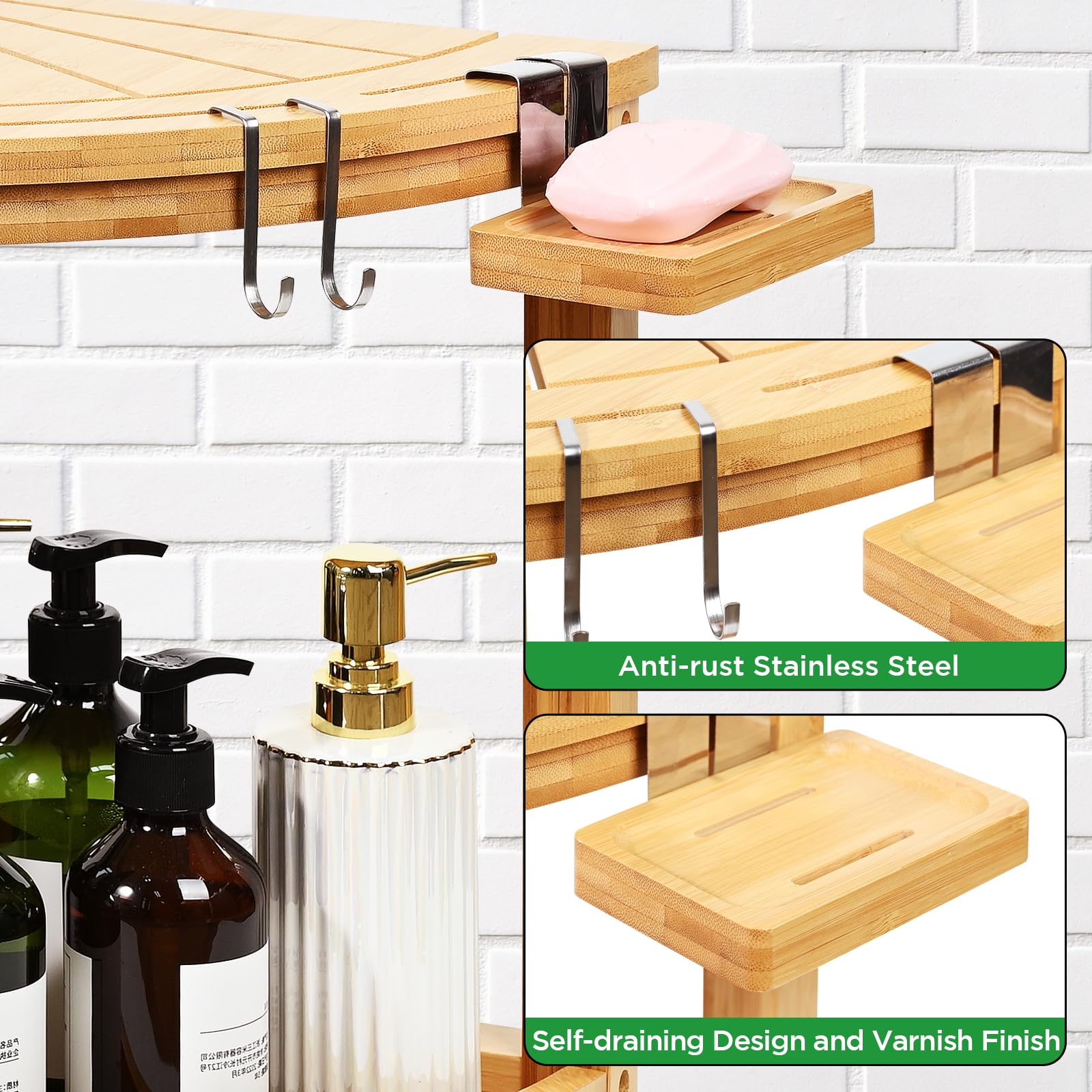 Ollieroo 2-Tier Bamboo Corner Shower Stool for Shaving Legs, Waterproof Shower Bench with Storage Shelf and Soap Dish, Shower Chair for Inside Shower, Non-Slip Shower Foot Rest(Natual)