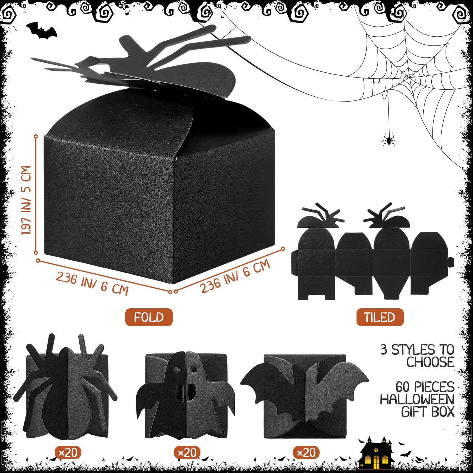 Cholemy 60 Pcs Black Halloween Party Treat Boxes Bat Ghost Candy Cookies Gift Box Spider Black Party Favor Boxes Cardboard Halloween Candy Container for Party Supplies Decorations, 3 Styles