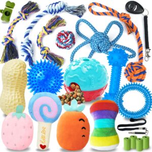 eefitoys 22-in-1 puppy teething chew toy set, dog toys with rope, squeaky toys & treat balls for small dogs