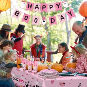 Halloween Happy Boo Day Baby Shower Party Decorations,Pink Ghost Pumpkin Disposable Tableware Paper Plates Napkins Cups Tablecloth Banner for Girl Halloween Birthday Baby Shower Party Supplies,Serve25