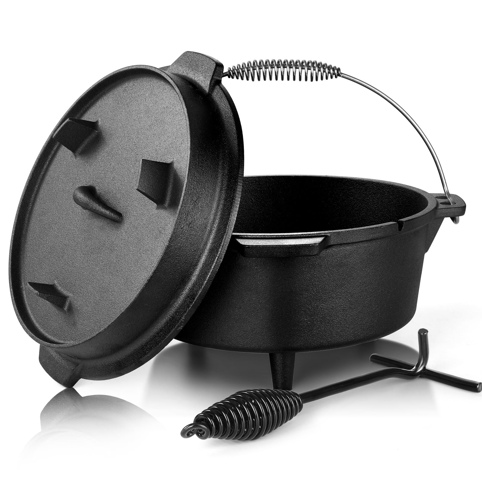 Leonyo Cast Iron Dutch Oven with Lid, 5QT Dutch Oven Camping with Lid Lifter, 2 In 1 Cast Iron Pot with Lid Handle, Pre-Seasoned Dutch Oven Pot for Camping BBQ, Bread Baking