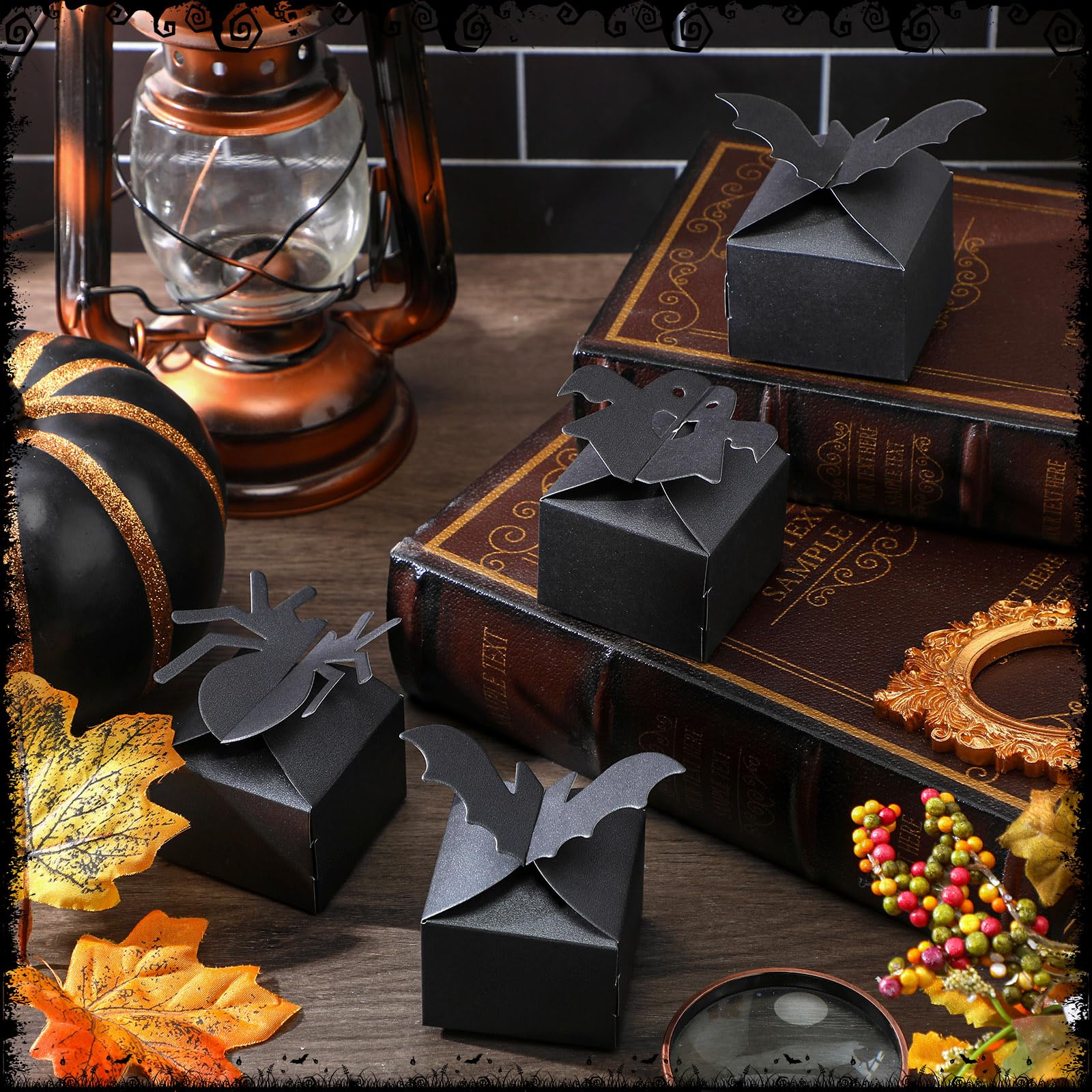 Cholemy 60 Pcs Black Halloween Party Treat Boxes Bat Ghost Candy Cookies Gift Box Spider Black Party Favor Boxes Cardboard Halloween Candy Container for Party Supplies Decorations, 3 Styles