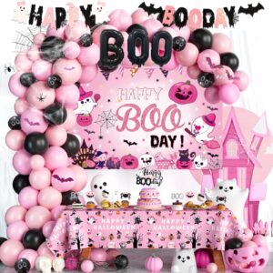 135 pcs happy boo day party decorations, fiesec halloween themed pink and black birthday party decorations backdrop balloon garland spider web banner tablecloth cake topper little ghost