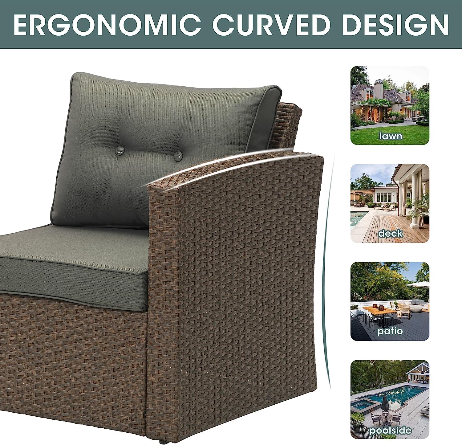 MAXXPRIME 3-Piece Patio Furniture, Wicker Sectional with Ergonomic Design, Lightweight Aluminum Frame, All-Weather Wicker Rattan, Non-Slip Cushions, Brown Wicker and Dark Grey Cushion