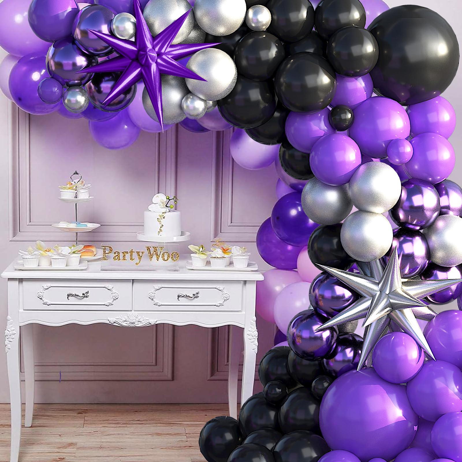 Purple and Black Balloon Garland Arch Kit, Black Purple Silver Balloon Arch Kit with 2PCS 4D Foil Star 18/12/10/5 inch Latex Balloons for Halloween Birthday Graduation Themed Party Decorations