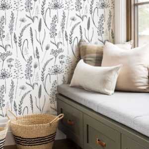 jiffdiff peel and stick wallpaper black and white floral wallpaper farmhouse wildwood wheat meadow removable wallpaper for bedroom modern wallpaper renter friendly 118"x17.3"