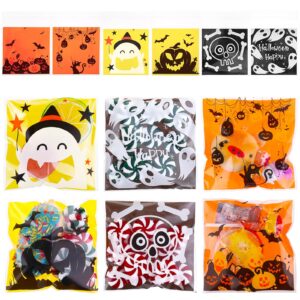 300 pcs halloween treat bags, 6 cute style candy bags clear trick or treat bags self adhesive plastic bags bulk for halloween party favor supplies gift (a)