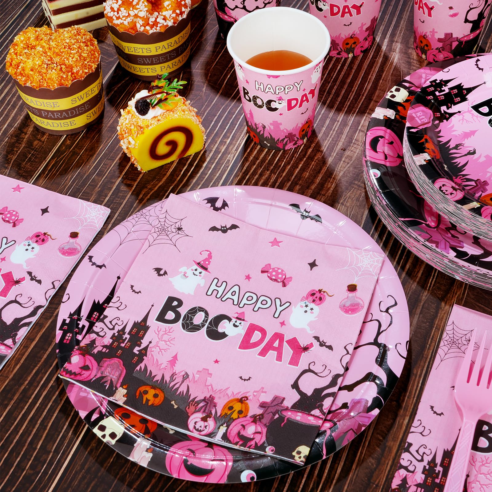 Halloween Happy Boo Day Baby Shower Party Decorations,Pink Ghost Pumpkin Disposable Tableware Paper Plates Napkins Cups Tablecloth Banner for Girl Halloween Birthday Baby Shower Party Supplies,Serve25