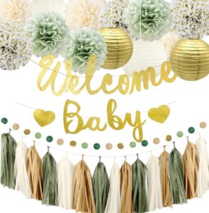 kiwayo baby shower decorations sage green- welcome baby banner with tissue pom poms, tassel garland, paper lanterns, circle dot garland- baby gender reveal birthday party decorations