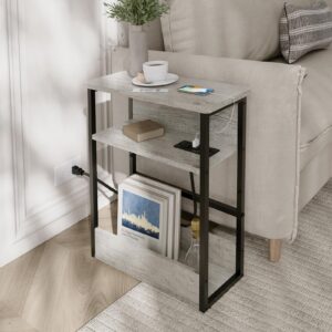 GGWEW Narrow End Table with Charging Station, 3 Tier Slim Side Table for Small Spaces, 23.6 Inch Height Thin Tables with Storage Shelf and Magazine Rack for Living Room, Griege