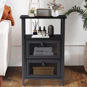 Caredear Black Wood and Metal Nightstand with Mesh Doors - 16" L x 12" W x 24" H Small Industrial End Table with Storage, Narrow Wood Side Table with 2 Drawers, Black Sofa Side Table for Small Space