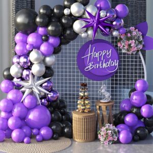 purple and black balloon garland arch kit, black purple silver balloon arch kit with 2pcs 4d foil star 18/12/10/5 inch latex balloons for halloween birthday graduation themed party decorations