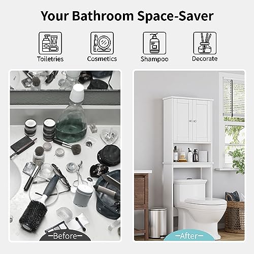 Shintenchi Over The Toilet Storage Cabinet, Bathroom Shelf Organizer with Anti-Tip Device Small Freestanding Space Saver with Adjustable Shelf，White