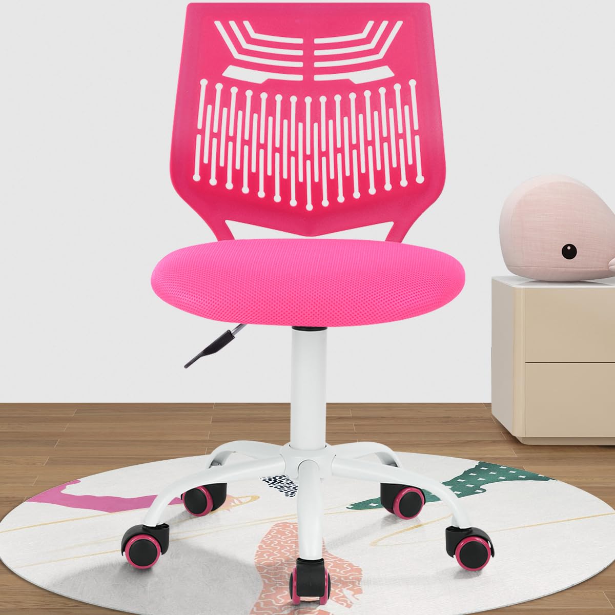 FurnitureR Desk Chair Armless Cute Home Office Desk Chair for Kids, Swivel Computer Task Chair Study Chair with Mesh Padded Cushion and Rolling Wheels for Child, Pink