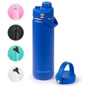 thermoproof hot & cold insulated stainless steel water bottle, durable leak proof gym bottles for men, women & kids, double walled vacuum bottles - 2 lids (blue, 22oz)